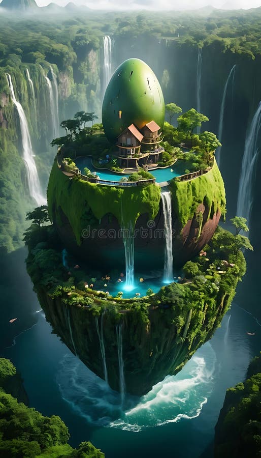 Floating Island Oasis with Waterfall and Egg-shaped Structure Concept ...
