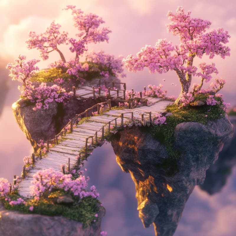 Floating Island Paradise: Pink Blossom Bridge Stock Illustration ...