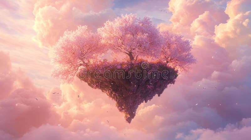Floating Island of Pink Blossoms in a Dreamy Sky Stock Illustration ...