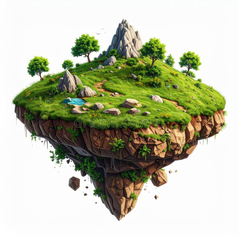 Floating Island Pixel Art: Lush Green Landscape with Rocks and Trees ...
