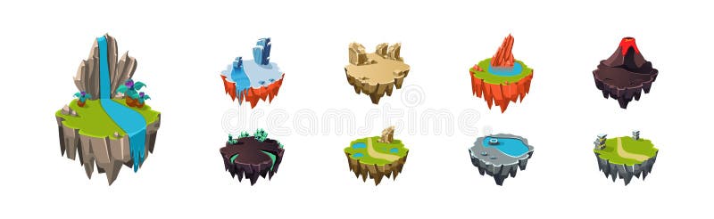 Floating Island Platforms with Different Landscape Vector Set Stock ...
