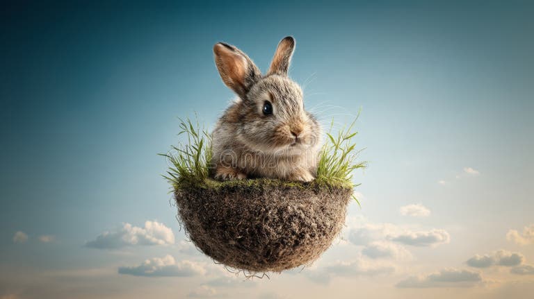 Floating Island with Rabbit in Sky Featuring Grass and Clouds, Surreal ...