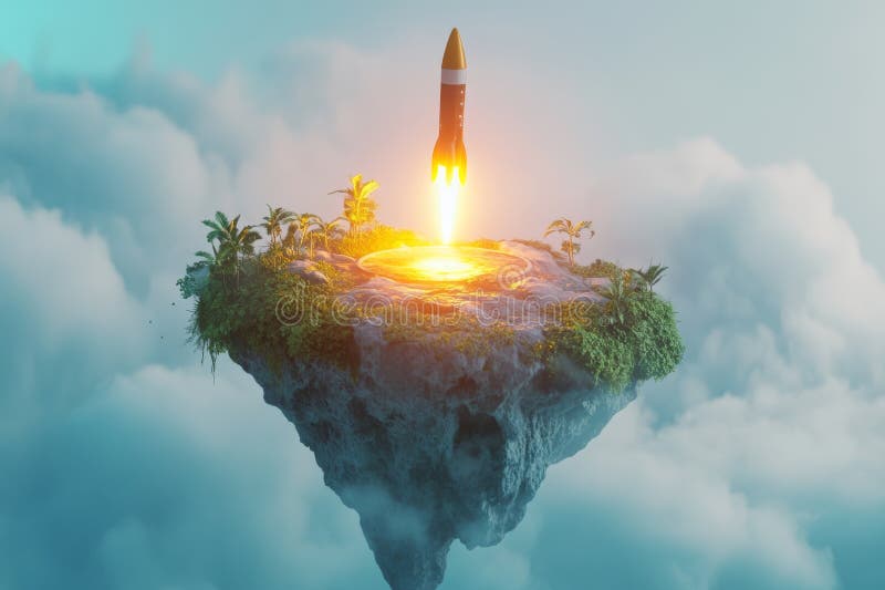 Floating Island with Rocket Launchpad Surrounded by Clouds Stock ...
