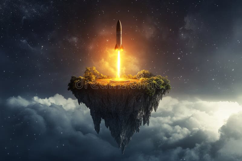 Floating Island with Rocket Launchpad Under a Starry Sky Stock ...