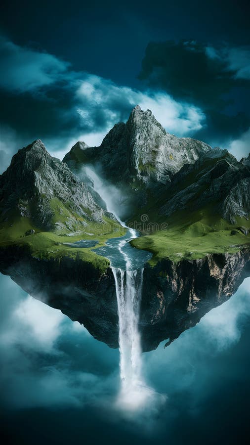 Floating Island Mountains, River, Waterfall Magical Atmosphere Stock ...