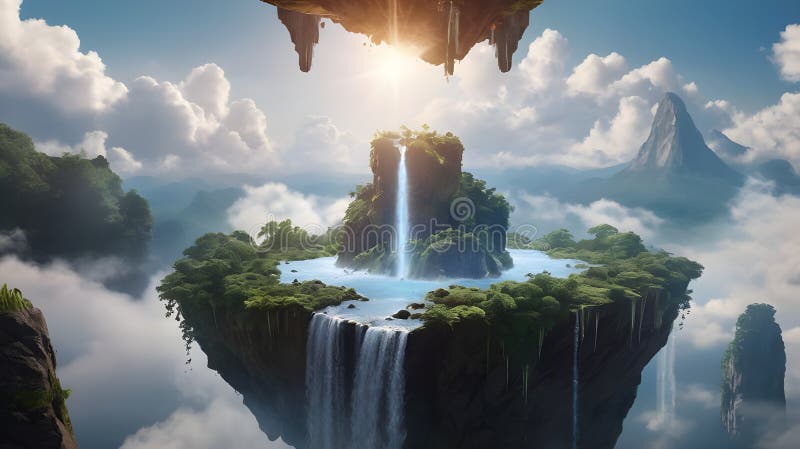 Floating Island in the Sky with Waterfalls Falling into the Clouds ...