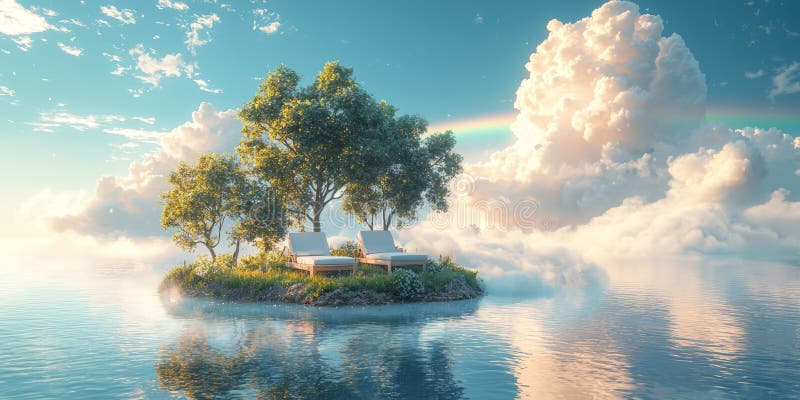 Floating Island with Sun Loungers and a Rainbow Stock Photo - Image of ...