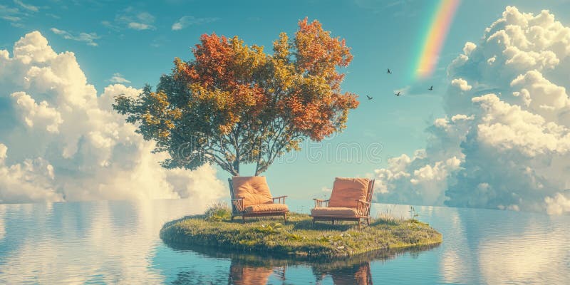 Floating Island with Sun Loungers and a Rainbow Stock Photo - Image of ...