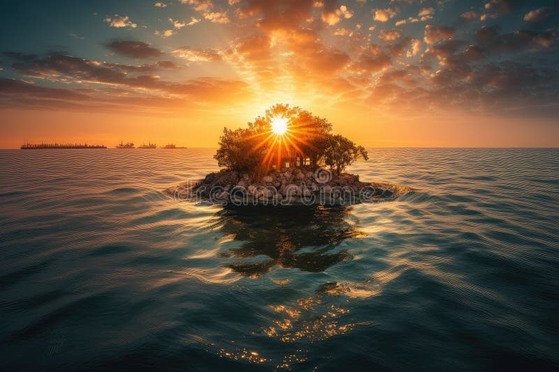 Floating Island of Greenery in Desolate, Monochrome Desert Stock ...