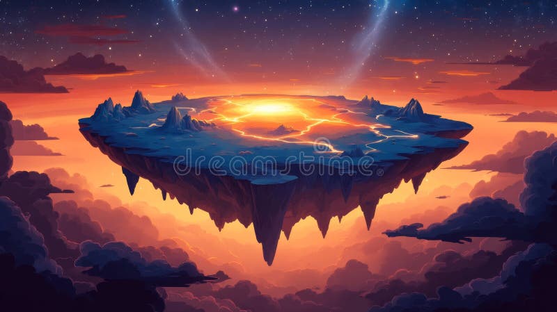 Floating Island at Sunset with Cosmic Rays Stock Illustration ...