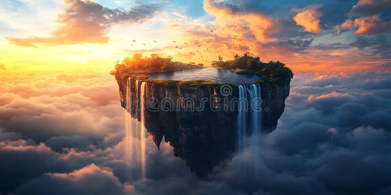 Floating Island Sunset Fantasy Landscape Wallpaper Stock Illustration ...
