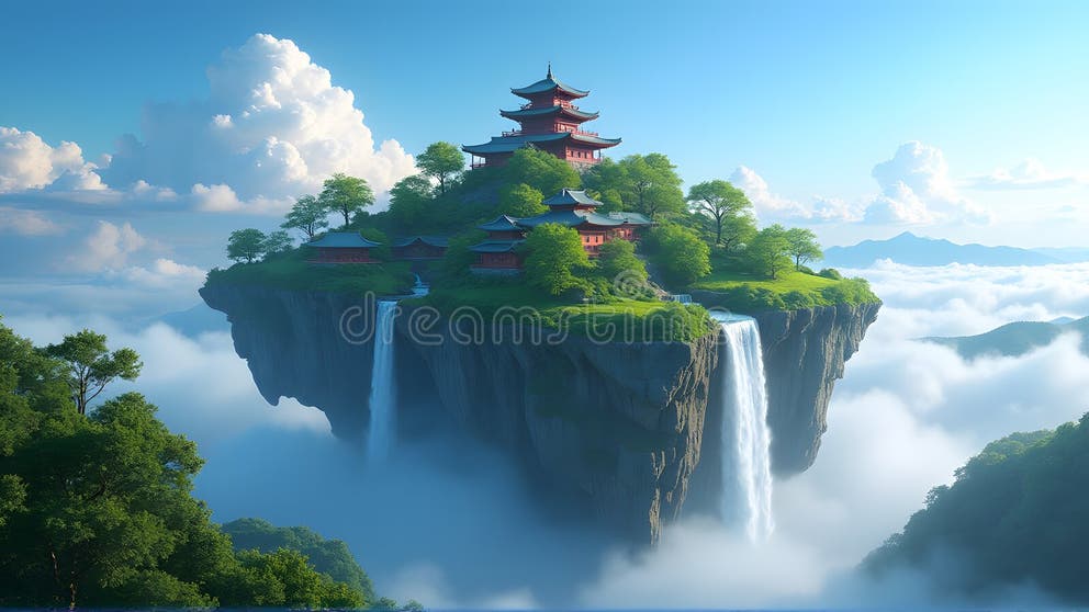 Floating Island Temple with Waterfall Stock Illustration - Illustration ...