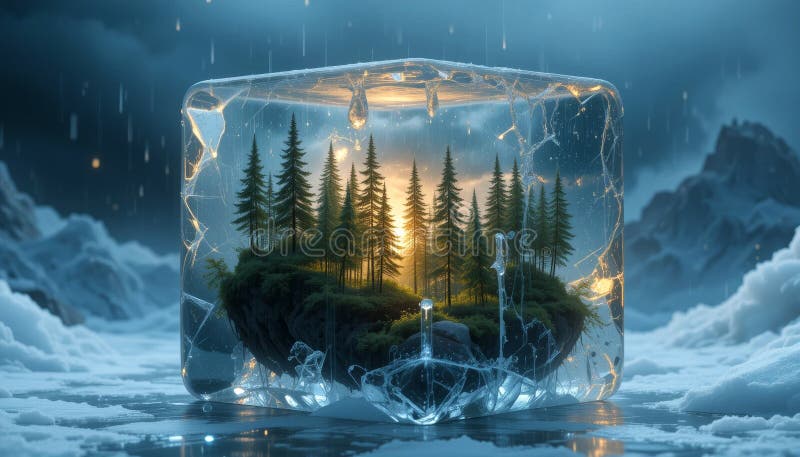 Floating Island Trapped Inside an Icy Glass Cube Stock Image - Image of ...