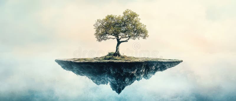 Floating Island with Tree Above Clouds Surreal Fantasy Landscape Stock ...