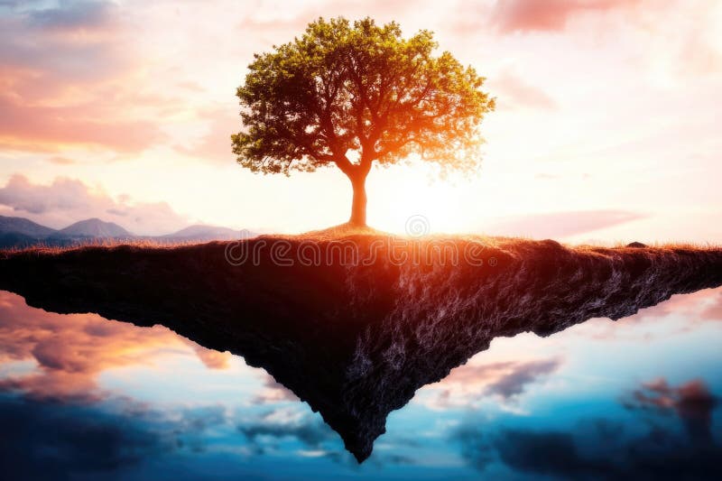 Floating Island with Tree Above Reflective Water and Sunset Sky Stock ...
