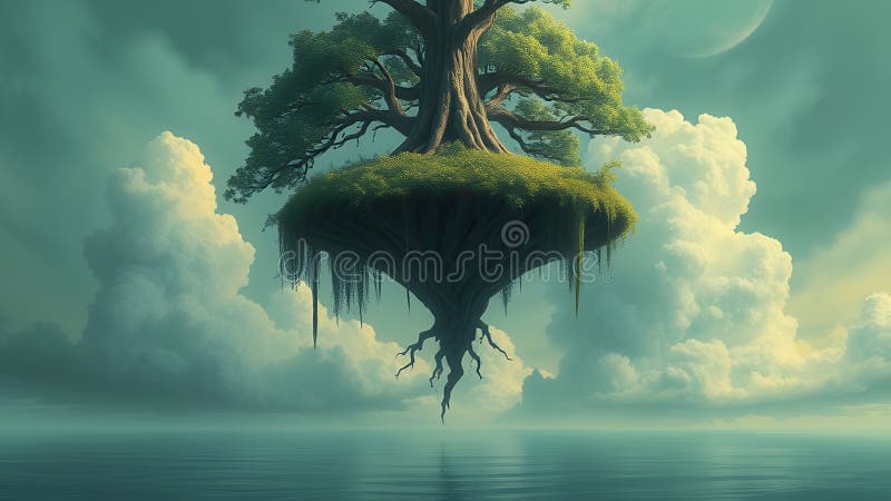 Floating Island with Tree Above Water and Clouds Stock Illustration ...