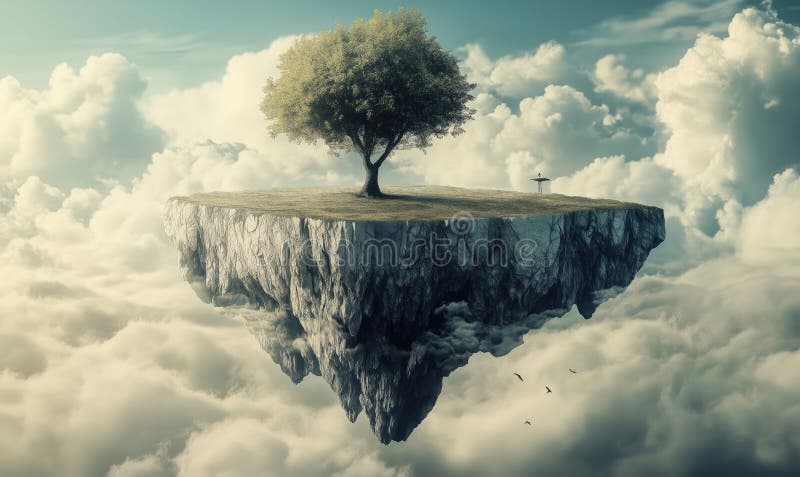 Floating Island with Tree and Bird Feeder, Surreal Landscape, Clouds ...