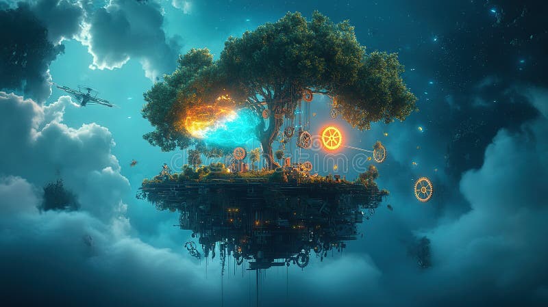 Floating Island Tree Fantasy Artwork, Night Sky, Steampunk Stock Image ...