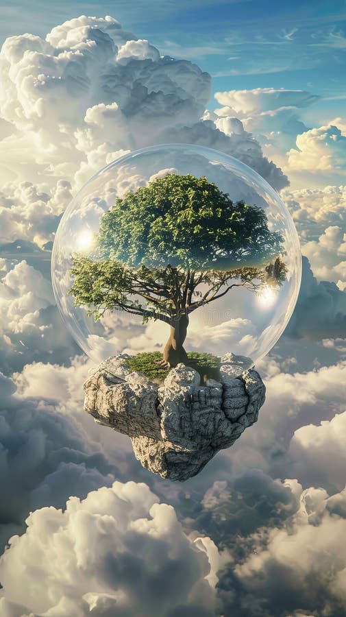 Floating Island with Tree Inside Glass Sphere among Clouds, Fantasy ...