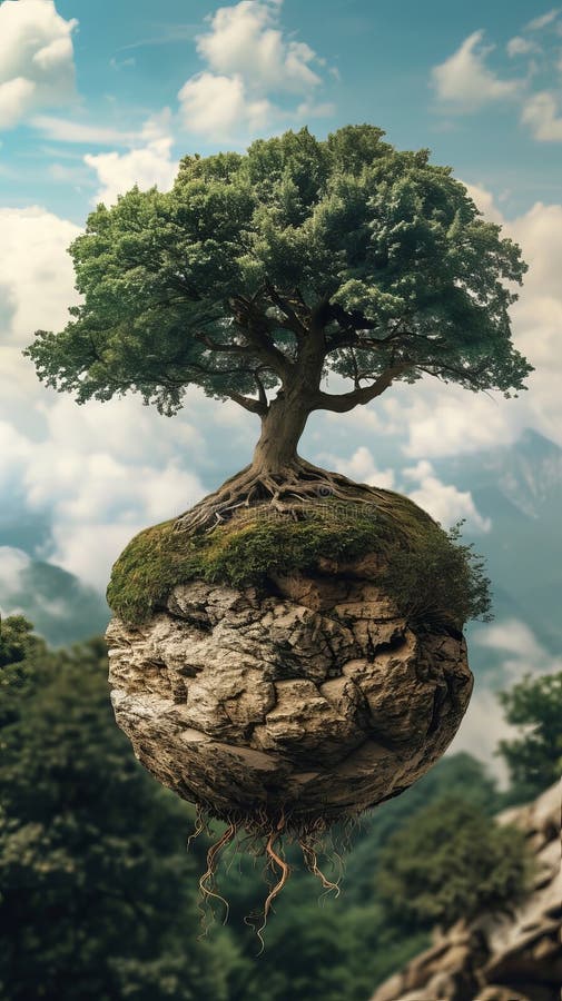 Floating Island with Tree in a Serene Sky Stock Photo - Image of ...