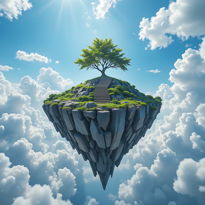 Floating Island with Tree and Stairs in Cloudy Sky - Fantasy Landscape ...