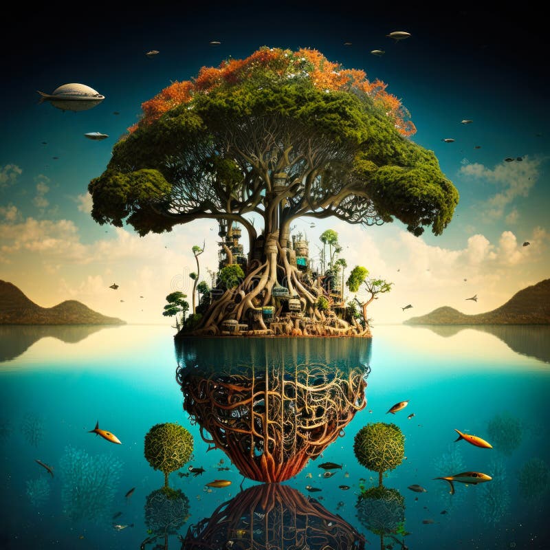 Floating Island with Tree on Top of it. Generative AI Stock Image ...