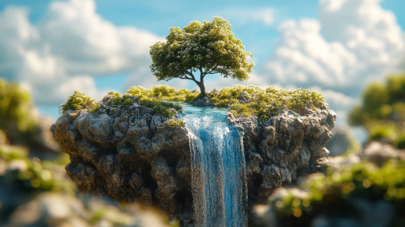 Floating Island with Tree and Waterfall Stock Illustration ...