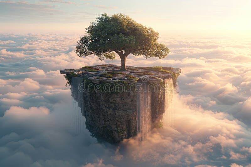 Floating Island with a Tree and Waterfall Stock Illustration ...