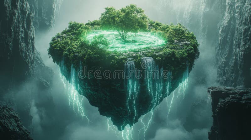 Floating Island with Tree and Waterfalls Stock Illustration ...