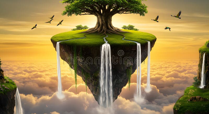 Floating Island with Tree and Waterfalls - Generated Using Ai Stock ...