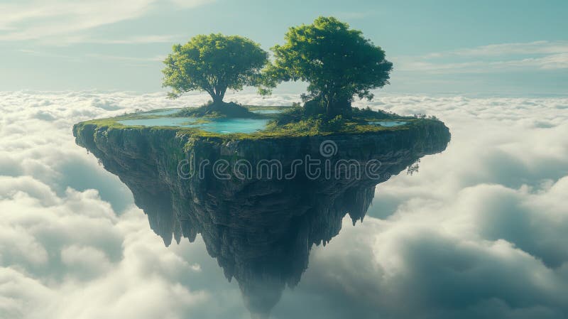 Floating Island with Trees Above Cloudscape in Mystical Fantasy Setting ...