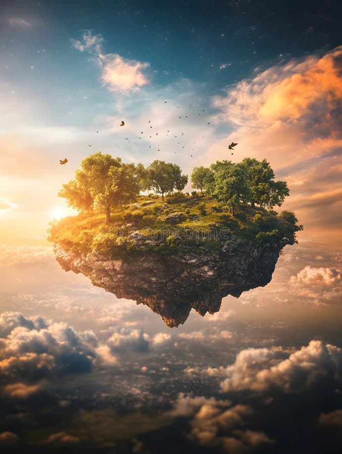 A Floating Island with Trees and Grass Against a Cloudy Sky at Sunset ...