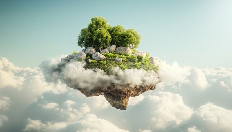 Floating Island with Trees Surrounded by Clouds in Sky Stock Photo ...