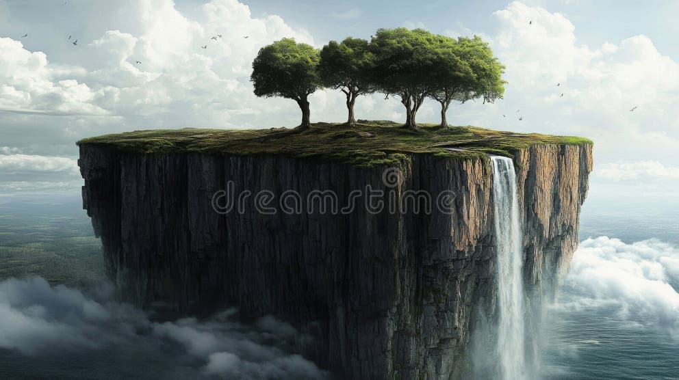 Floating Island with Trees and Waterfall in a Dreamlike Landscape Stock ...