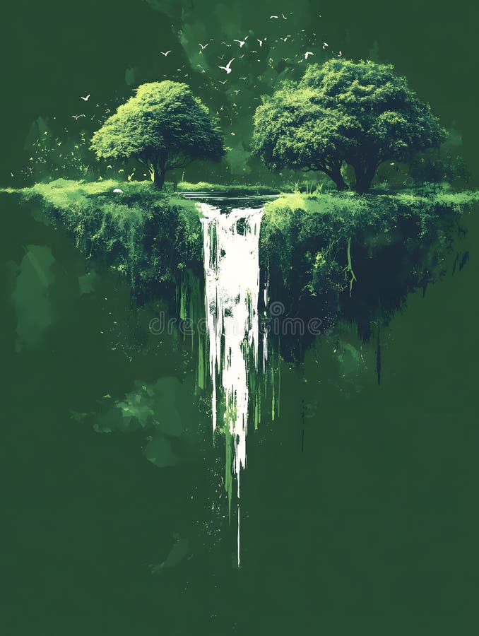Floating Island with Trees and Waterfall, Green Abstract Art Stock ...