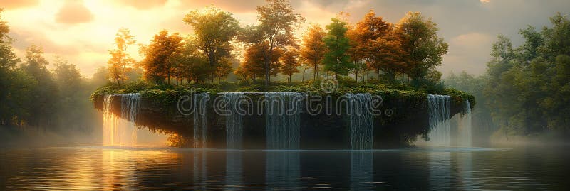 A Floating Island with Trees and Waterfalls Reflecting in the Water ...