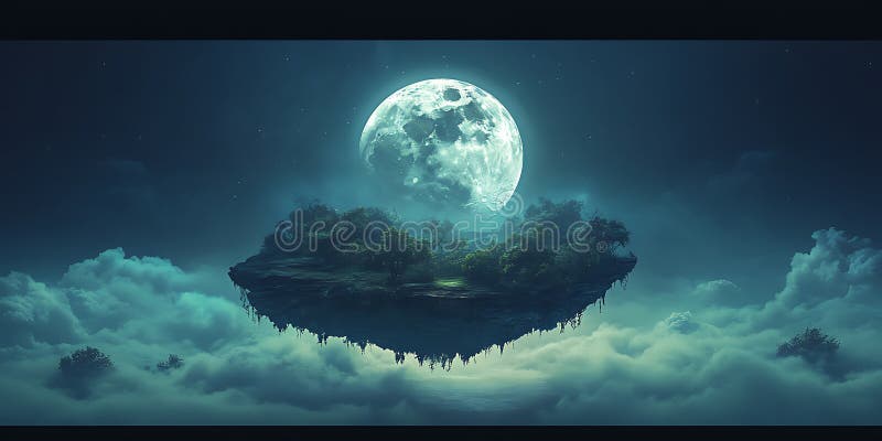 Floating Island Under the Moon Fantasy Art Wallpaper Stock Illustration ...