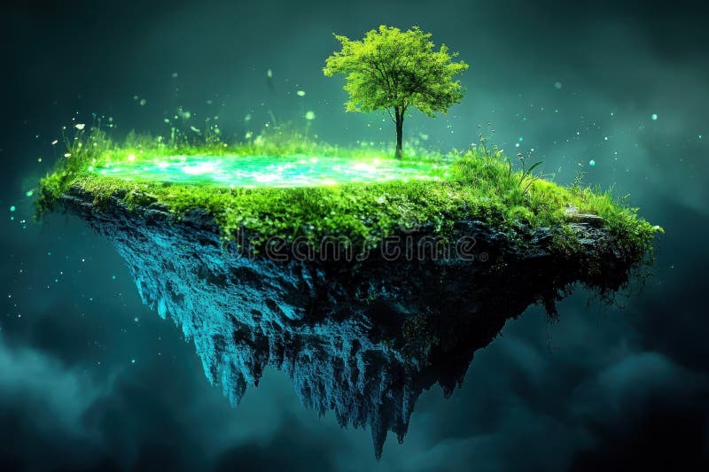 Floating Island with Vibrant Tree and Glowing Water Under Dark Sky ...