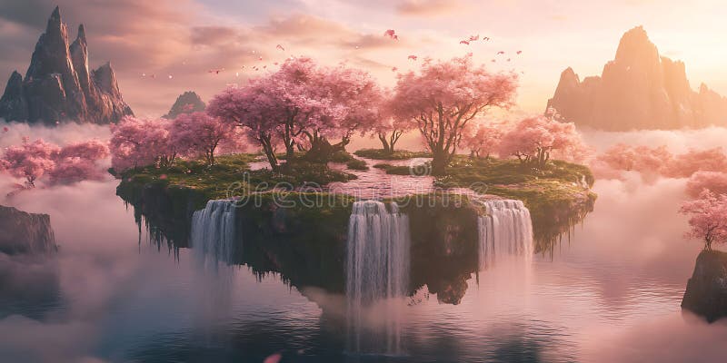 Floating Island Waterfall Fantasy Art Stock Illustration - Illustration ...