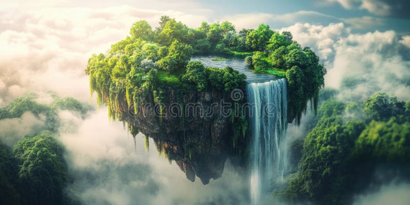 Floating Island Waterfall Fantasy Landscape Image Stock Illustration ...