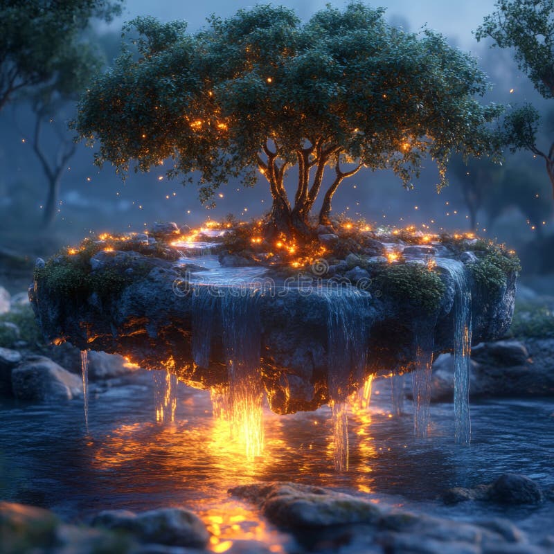 Floating Island Waterfall with Glowing Tree and Lights Stock Image ...