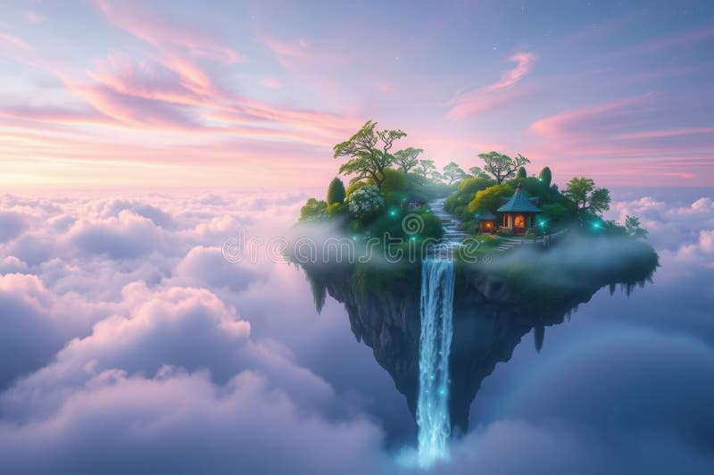 Floating Island with Waterfall and House in the Clouds at Sunset Stock ...