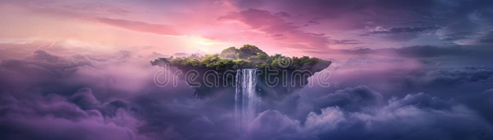 Floating Island with a Waterfall in a Magical Sky Stock Illustration ...