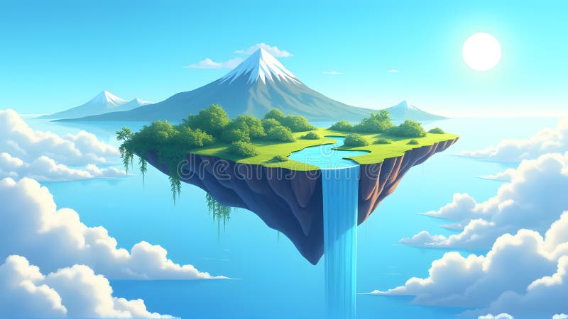 Floating Island with Waterfall and Mountain Peaks Stock Illustration ...