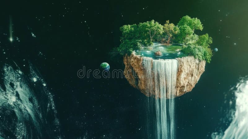 Floating Island with Waterfall in Space: Surreal Nature and Cosmic ...