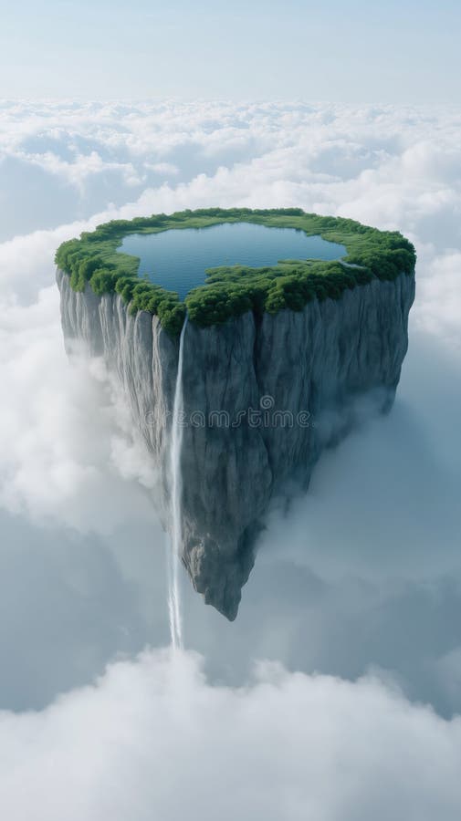 Floating Island with Waterfall Surrounded by Clouds Stock Illustration ...