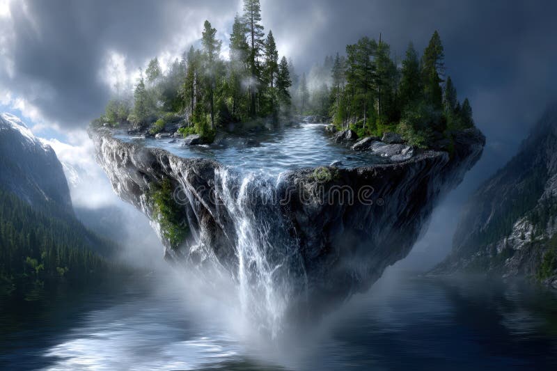 Floating Island with Waterfall Surrounded by Dense Forest Under ...
