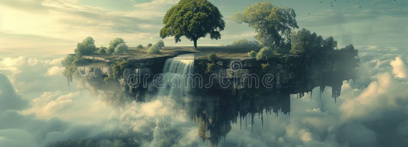 Floating Island with Waterfall and Tree Stock Photo - Image of beauty ...