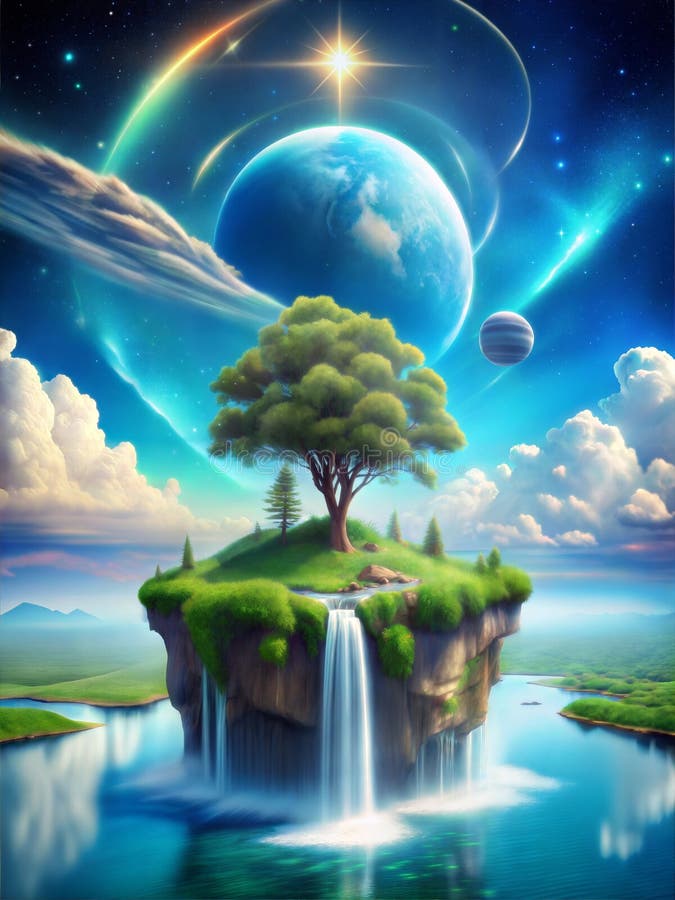 Floating Island with Waterfall and Tree in Space with Planets and Stars ...