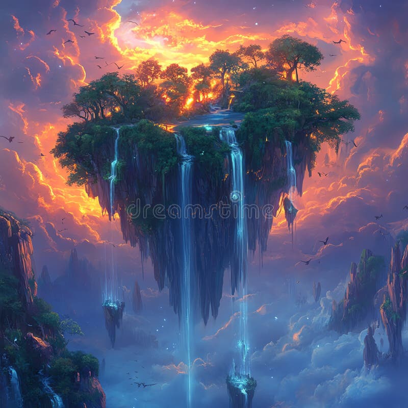 A Floating Island with Waterfalls Cascading into the Sky, Surrounded by ...